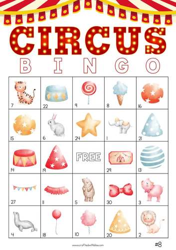 50 Circus Bingo Cards Classroom Game, Bingo Game, Circus Party Game ...