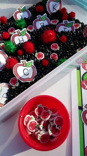 Apple Theme Letter and Number Identification Sensory Bin Center for PreK