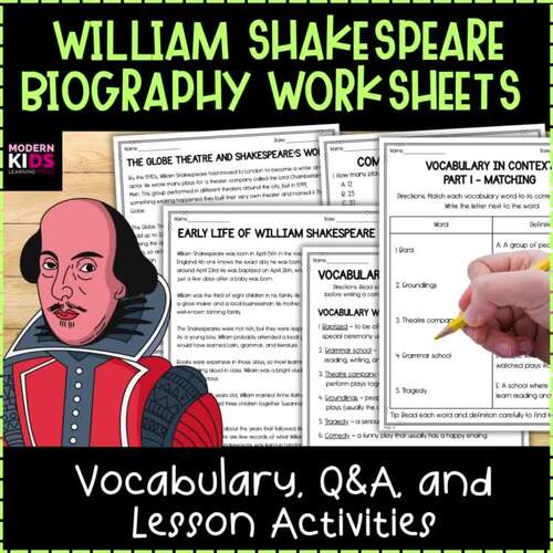 William Shakespeare Biography Worksheets – Vocabulary, Q&A, and Lesson ...