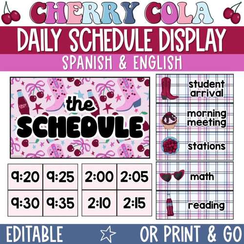 Retro Cherry Coquette Editable Daily Schedule Display Daily Routine Posters