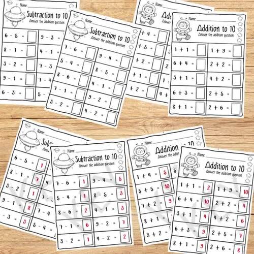 Space Beginning Addition and Subtraction Worksheets (K - 2nd grade)