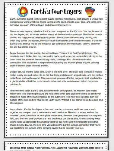 Earth's Four Layers Reading Passage with Multiple Choice and Essay ...