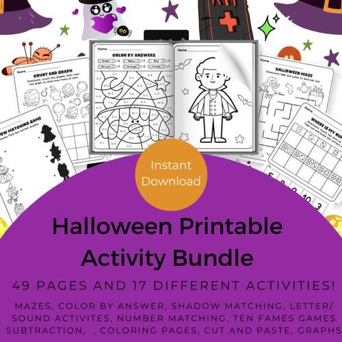 Halloween Activity Bundle, Halloween Games, Worksheets, Mazes, Kindergarten
