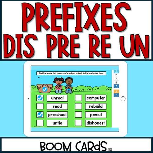 Prefixes UN RE DIS PRE | Grammar BOOM Cards™ by The Chocolate Teacher