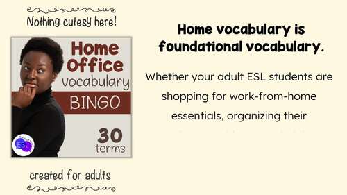 Adult ESL Home Office Vocabulary Bingo Game | Workspace Words with Photos