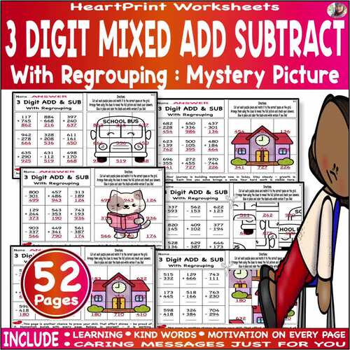 3 digit addition & subtraction with regrouping : Back to School Mystery ...