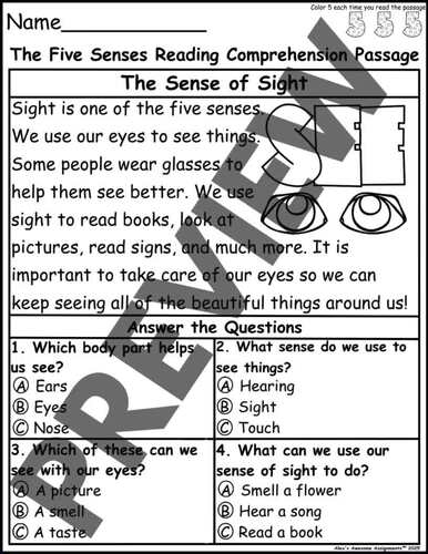 The Five Senses Reading Comprehension Passages Kindergarten 1st Grade ...
