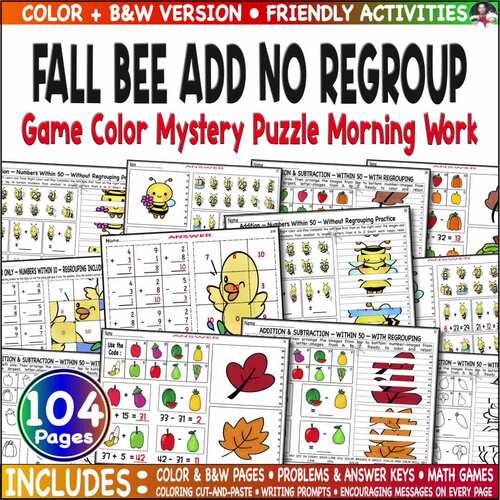 Game Color Mystery Puzzle Fall Bee Add No Regrouping Morning Work Math ...