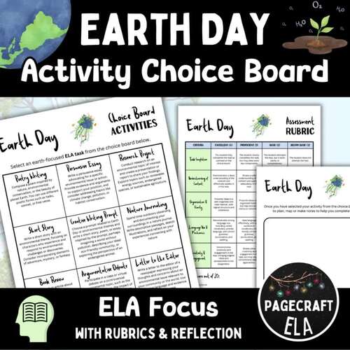 Earth Day ELA Activity Choice Board with Teacher and Student Rubrics
