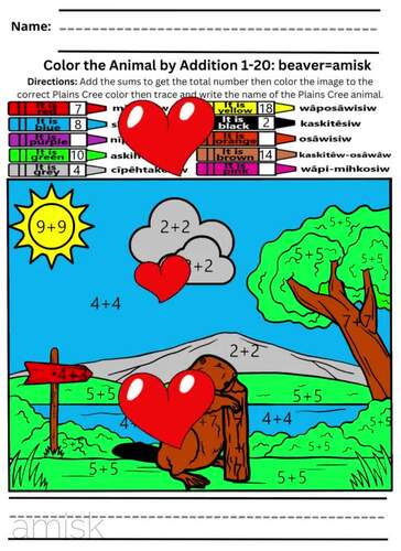 Plains Cree Beaver (amisk) Color by Addition 1-20 | TPT