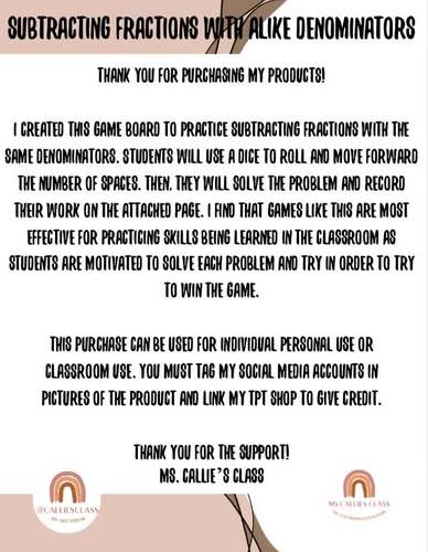 Subtracting Fractions with Common/Alike Denominators Game by Ms Callies ...