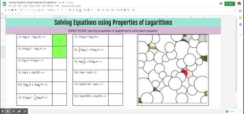Solving Equations using Properties of Logarithms Digital Activity for ...
