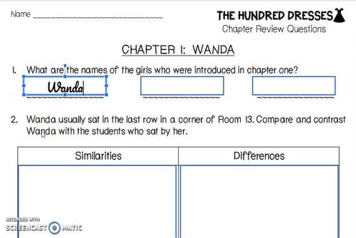 THE HUNDRED DRESSES Short Response Chapter Review Questions for Upper ...