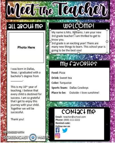 Meet the Teacher rainbow glitter Digital Editable Google Slides Powerpoint