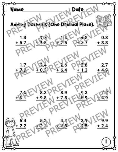 Adding Decimals to the Tenths Place Worksheets (Single-Digit Whole Numbers)