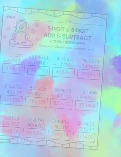 Penguin 5 & 6 Digit Mixed Add & Subtract Without Regrouping Winter Math ...