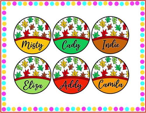 Round Autumn Student Name Labels, Fall Name Plates, Leaves Name Signs