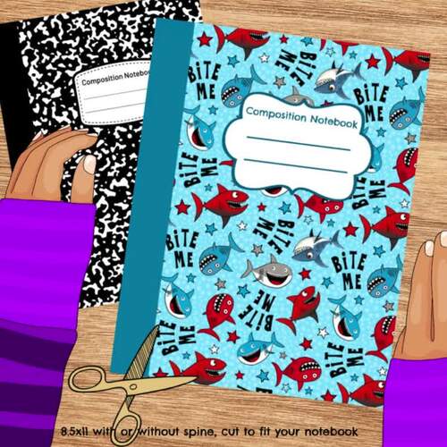 Printable Composition Notebook Book Cover Blue Bite Me Sharks PNG PDF
