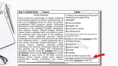 Context Clues Daily Reading Comprehension Warm Ups for STAAR 2.0