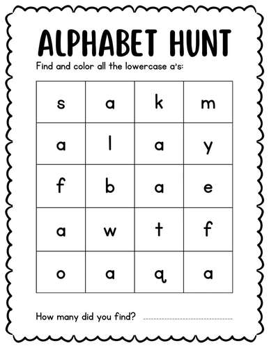 Alphabet letter hunt. lowercase letter recognition worksheet. find ...