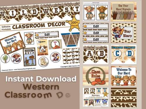 Editable Western Classroom Decor Bundle | Highland Cow Theme Jobs ...