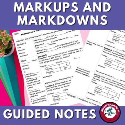 Markups and Markdowns Guided Cornell Notes with Key by Always Room For Pi