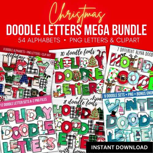 Christmas Doodle Letters Mega Bundle, 54 Doodle Fonts + Holiday Clipart PNG
