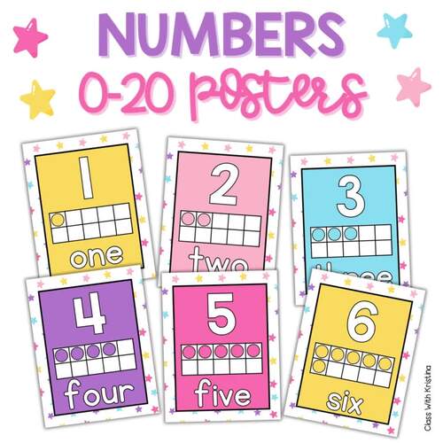 Cute Number Posters with Ten Frames 0-20 Pink Purple Yellow Blue Stars ...