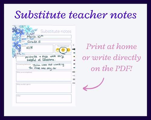 A modern substitute teacher note. Unique blue floral report for sub ...