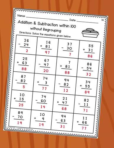 Thanksgiving Addition & Subtraction Within 100 | No Regrouping Math ...