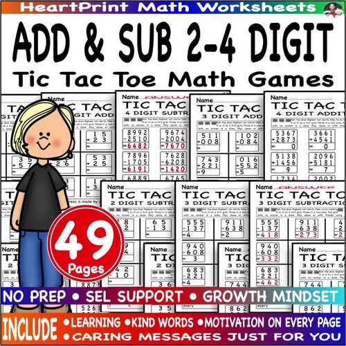 2 3 4 digit Addition & Subtraction Worksheets Tic Tac Toe math games ...