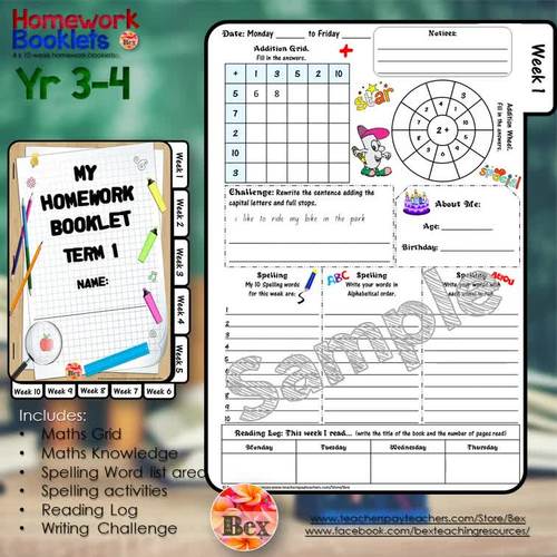 Homework Booklets Yr 3 - 4 (40 Weeks) by Bex | TPT