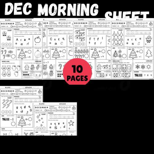 Cute December Morning Worksheets: NO PREP K-1 Phonics & Math Activity Pack