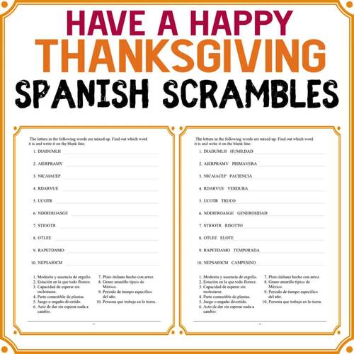 Fun Spanish Thanksgiving Word Scrambles Puzzle by GraphGenius Gallery
