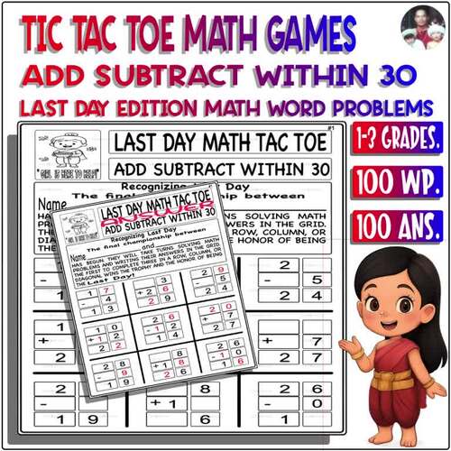 Last Day Math Game Tic Tac Toe Mixed Add & Sub Word Problems Within 30 ...