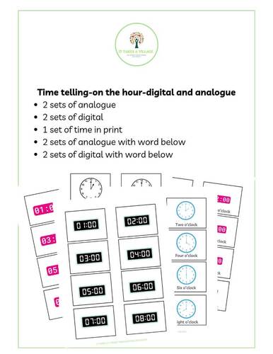 Time telling flashcards-to the hour -digital and analogue clocks