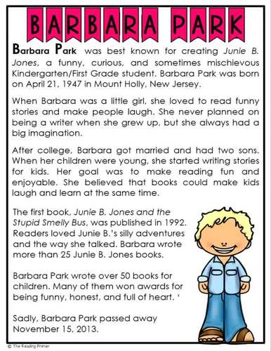 Barbara Park Author Study with Comprehension Tasks and Writing Activities