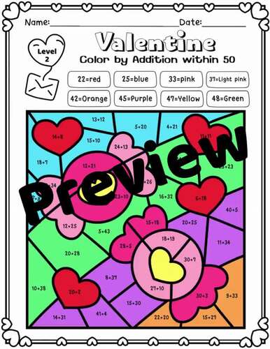 Valentine Math Color by Code – Addition & Subtraction | From Easy to ...