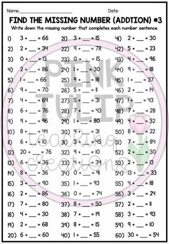 Missing Number up to 100 Addition Worksheets - Mental Maths or Early ...