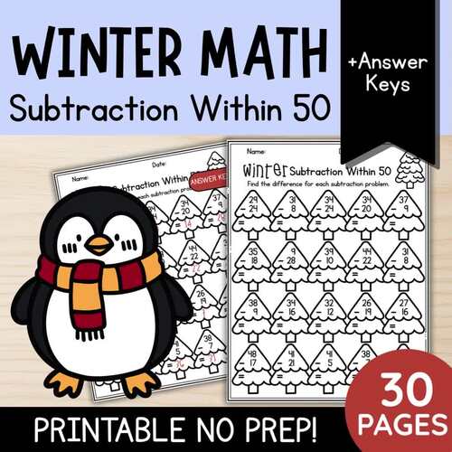 Winter Math: Subtraction Within 50 Worksheets | First and Second Grade