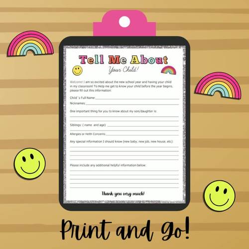 Tell me about your Child! Questionnaire/Parent Form Groovy Glitter Theme