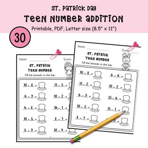 St. Patrick day teen number worksheet | addition to 20 | place value ...