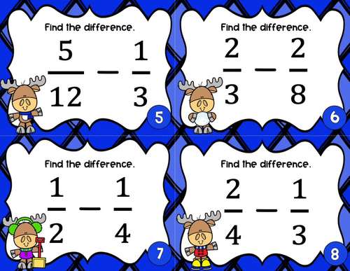Subtracting Fractions With Unlike Denominators Task Cards Winter Theme