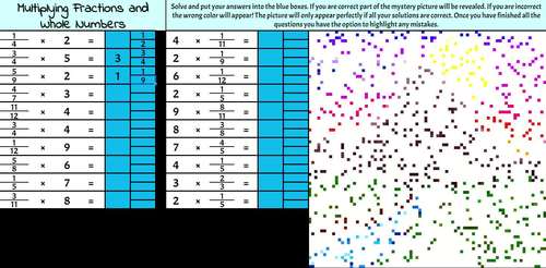 Multiplying Fractions by Whole Numbers Pixel Art Digital Activity
