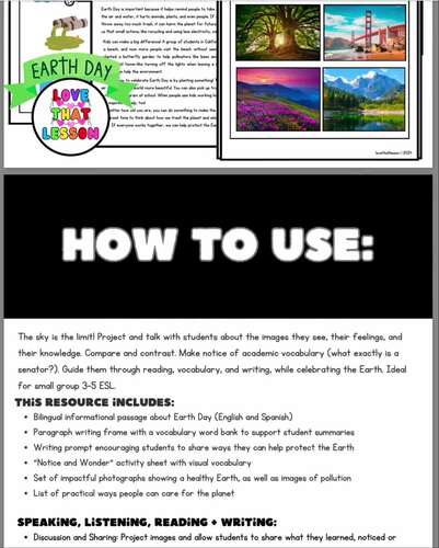 Earth Day Reading, Summarizing Activities for 3-5 ESL; Notice + Wonder ...