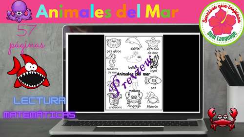 Animales del Mar, Ocean animals Math and Reading activities in Spanish