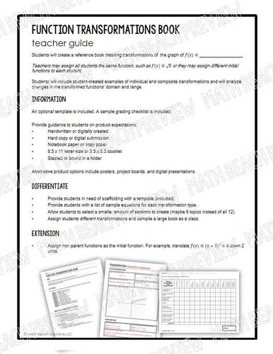 Function Transformations Book Project Guide by Math Beach Solutions