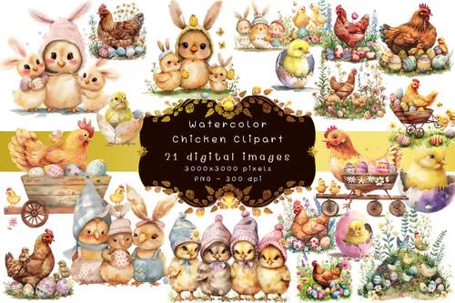 Watercolor Chicken Clipart - 21 High-Resolution PNG Images by Hikari Mori