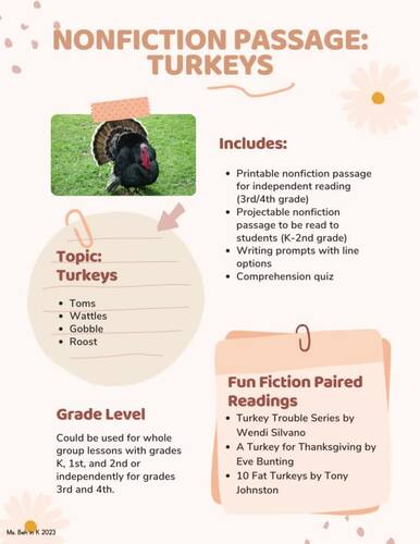 Turkeys (Nonfiction Passage, Writing Prompts, & Comprehension Check)