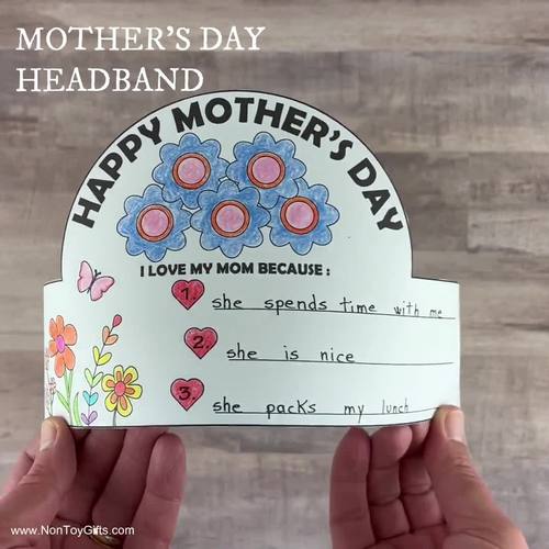 Mother's Day Paper Hat - I Love My Mom Because Headband - Coloring Crown